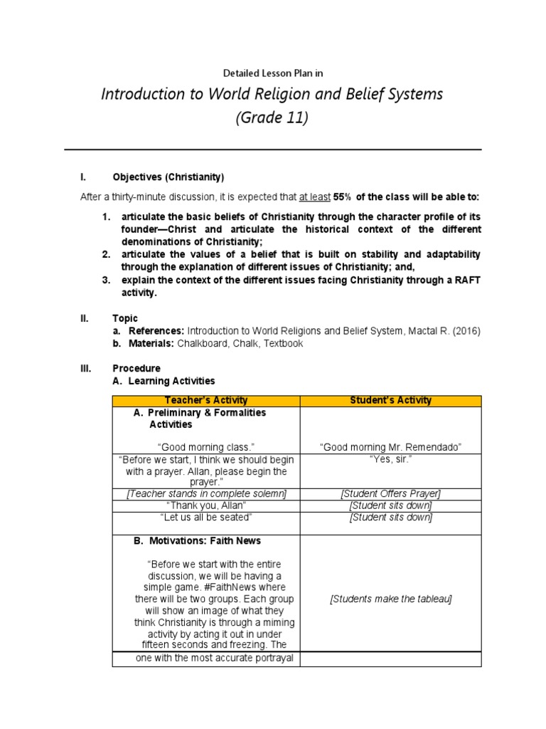 Detailed Lesson Plan in Introduction To World Religions and Belief ...
