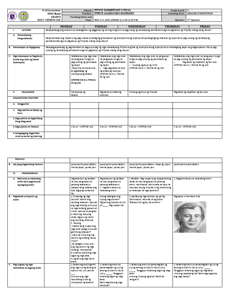 Grade 5 DLL Araling Panlipunan 5 Q4 Week 1 | PDF