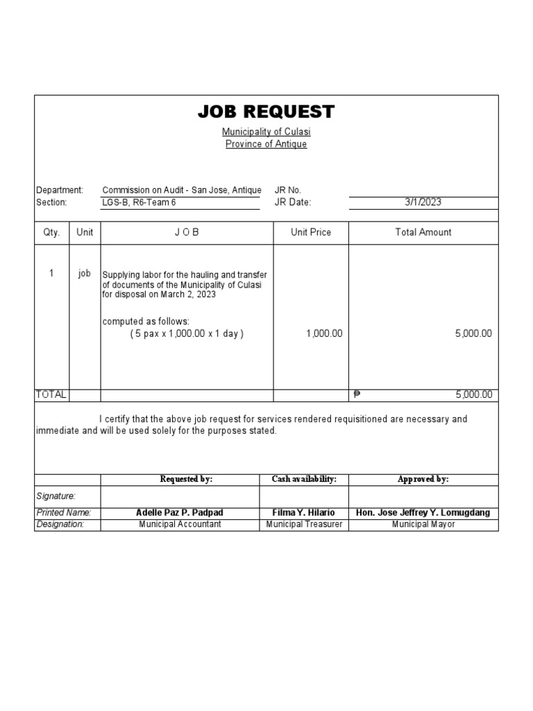 Job Request - Sample Format - Culasi | PDF | Labor Relations | Government