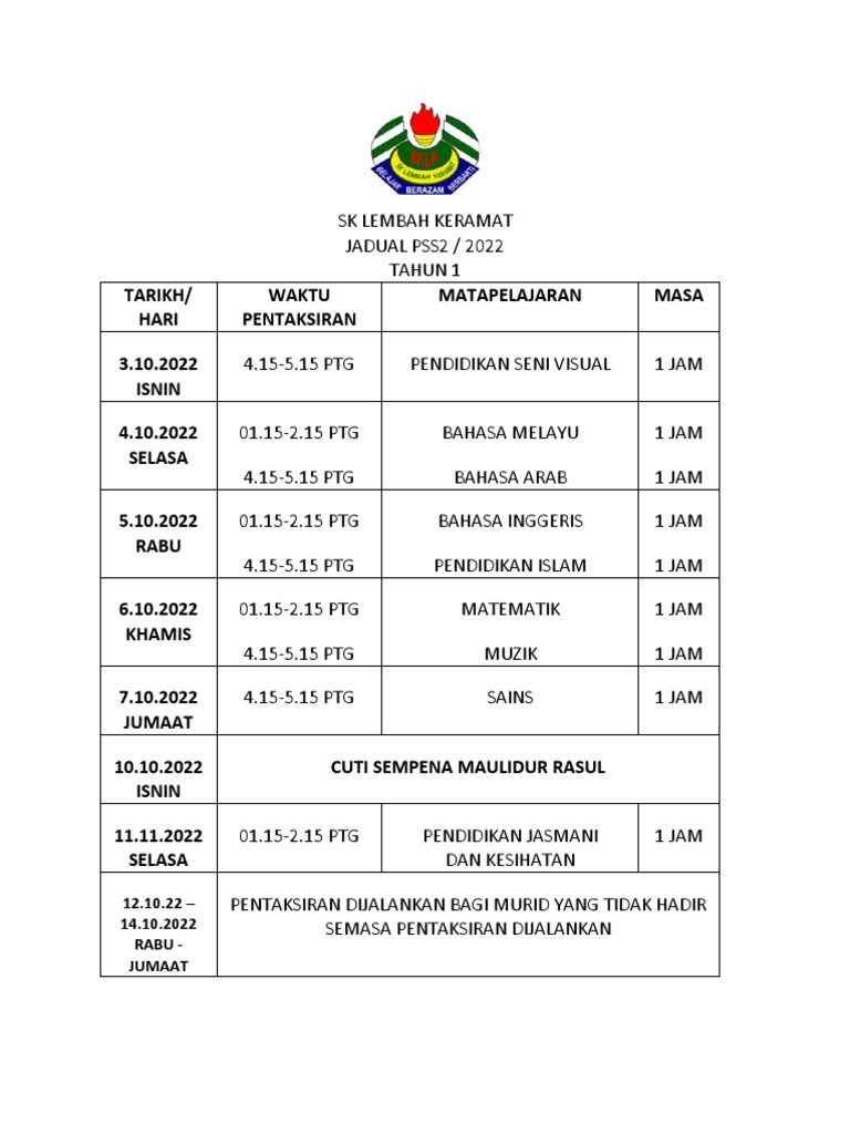 Jadual PSS2 Tahun 1 | PDF