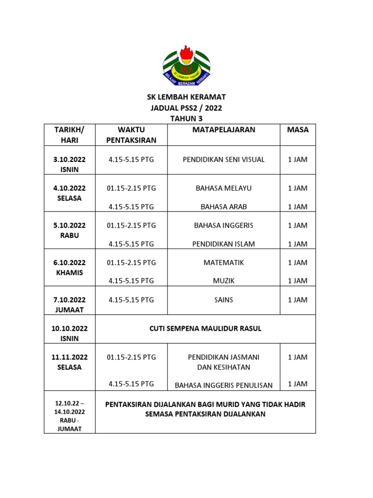 Jadual PSS2 Tahun 3 | PDF
