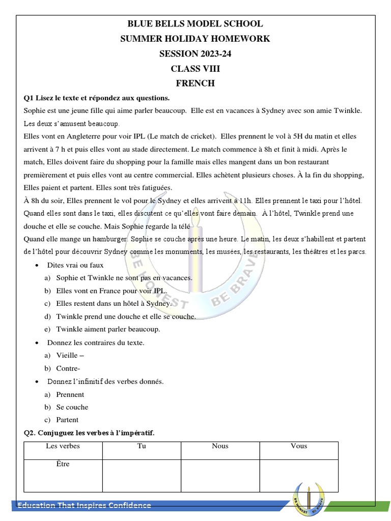 Class 8 French HHW | PDF