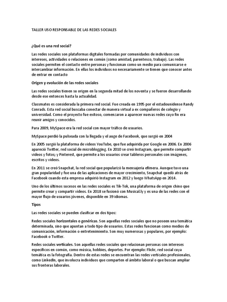 TALLER USO RESPONSABLE DE LAS REDES SOCIALESmarco Teórico Alumnos ...