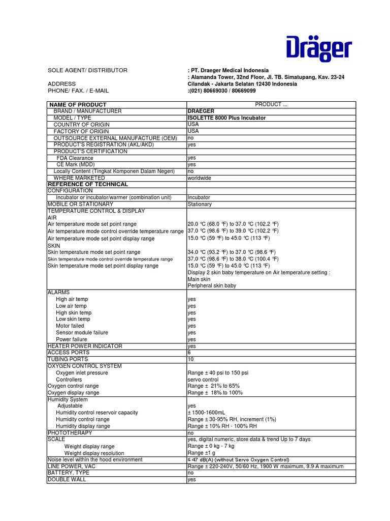 Spesifikasi Isolette 8000 Plus Incubator - FINAL | PDF | Humidity ...
