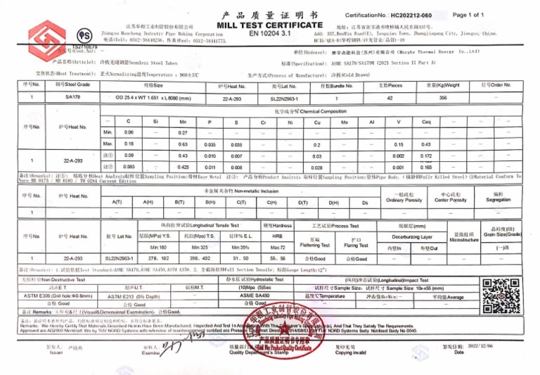 MTC of SA 179 Tube | PDF