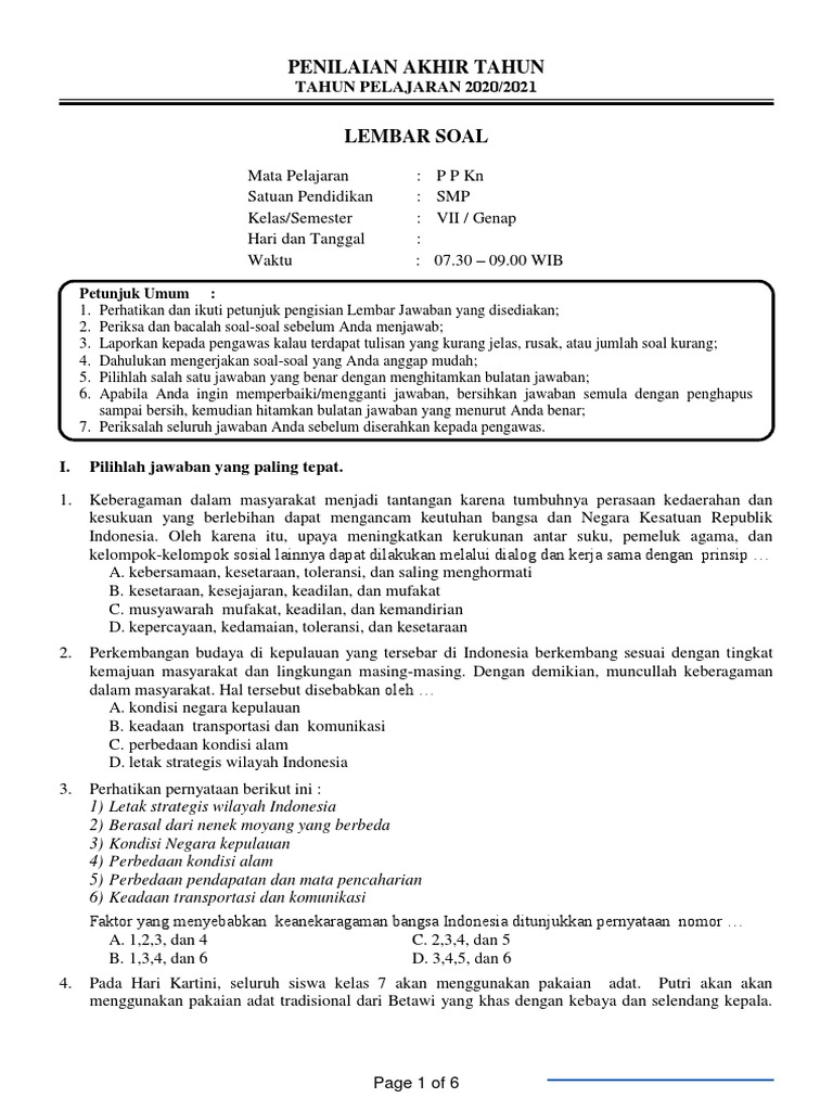 SOAL PAT PKN 7 | PDF