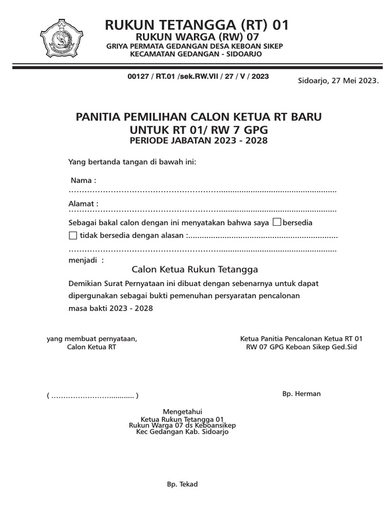 Surat Pernyataan Untuk Calon Ketua RT Baru | PDF