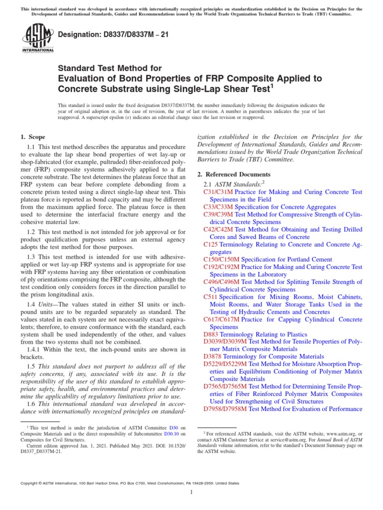 Standard Test Method For Evaluation of Bond Properties of FRP Composite ...