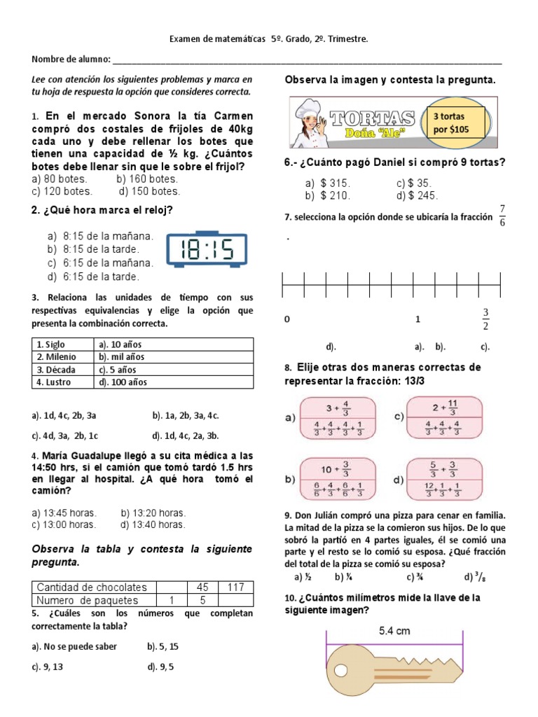Examen de Matemáticas 5ºD | PDF