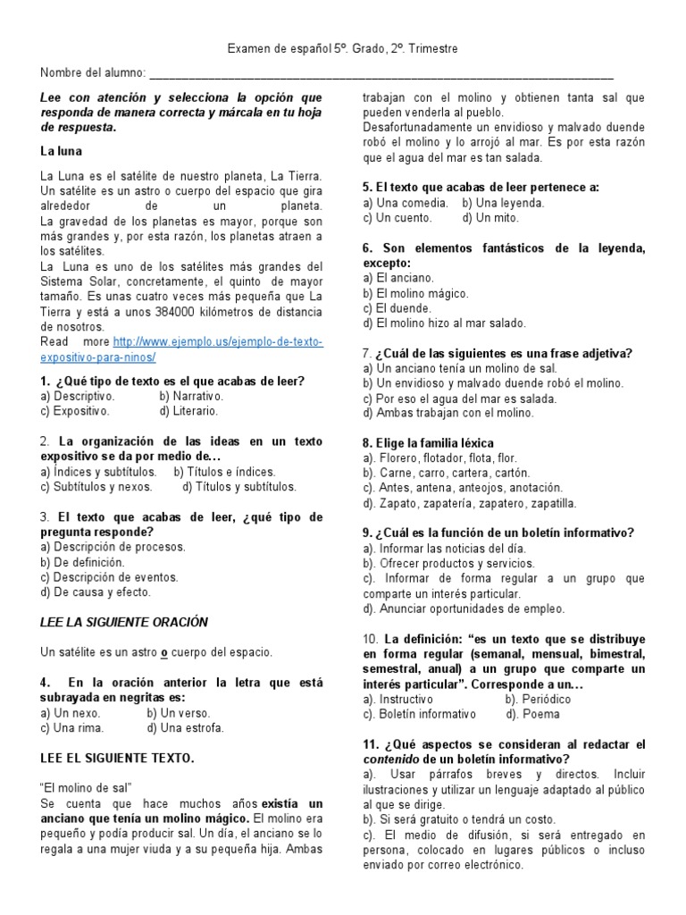 Examen de Español 5ºD | PDF | Luna | Planetas