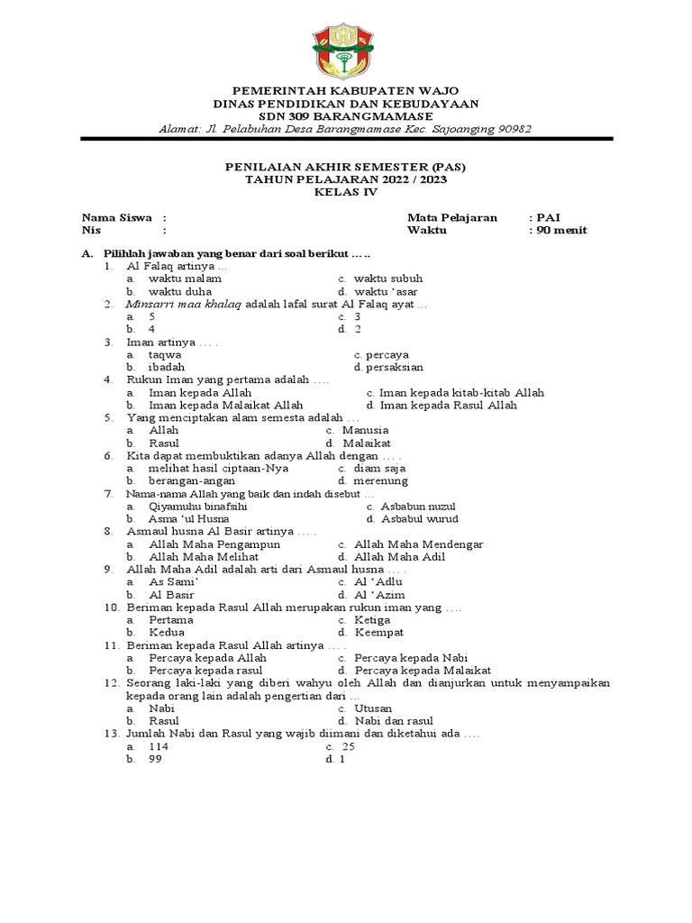 Soal PAS PAI Kelas IV SD | PDF