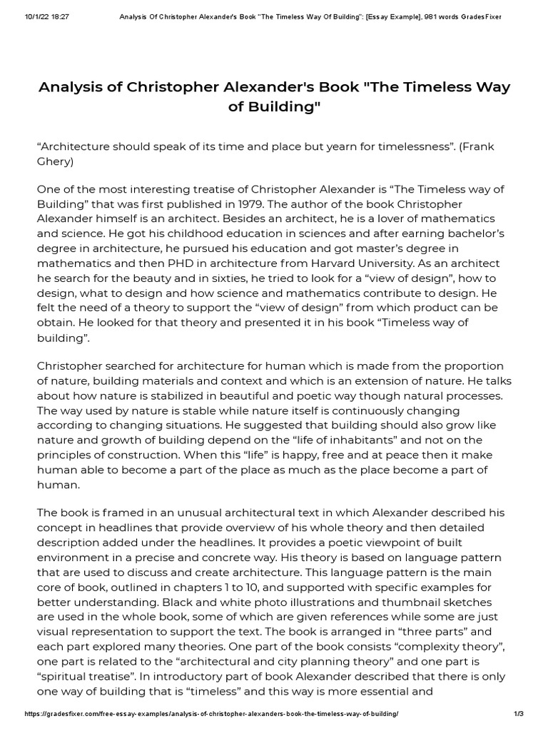 Analysis of Christopher Alexander's Book "The Timeless Way of Building ...
