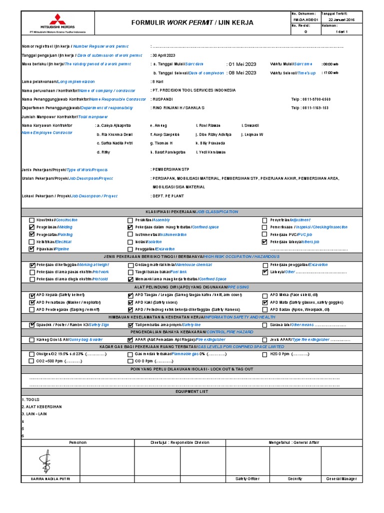 (01-08 Mei 2023) - Formulir Mmki - Work Permit-Ptsi-Zekindo | PDF
