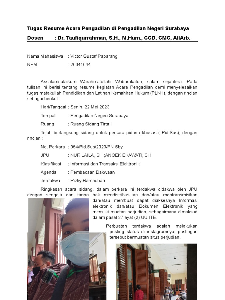 Tugas Resume Acara Pengadilan Di Pengadilan Negeri Surabaya | PDF | Hukum