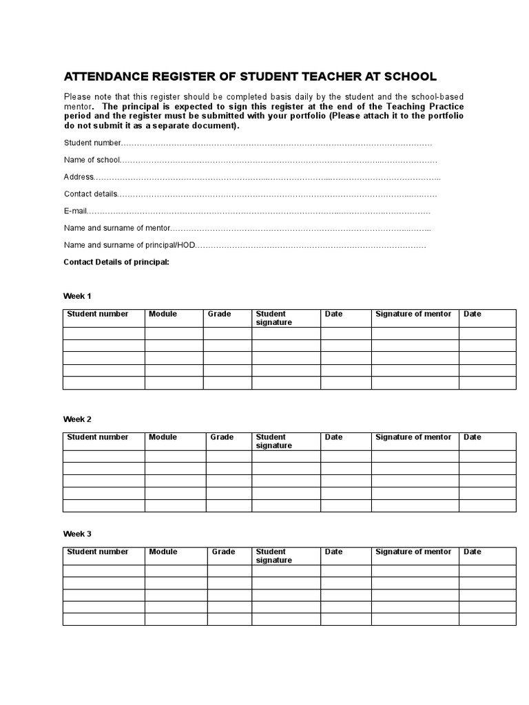 Attendance Register For The Student Teacher. | PDF