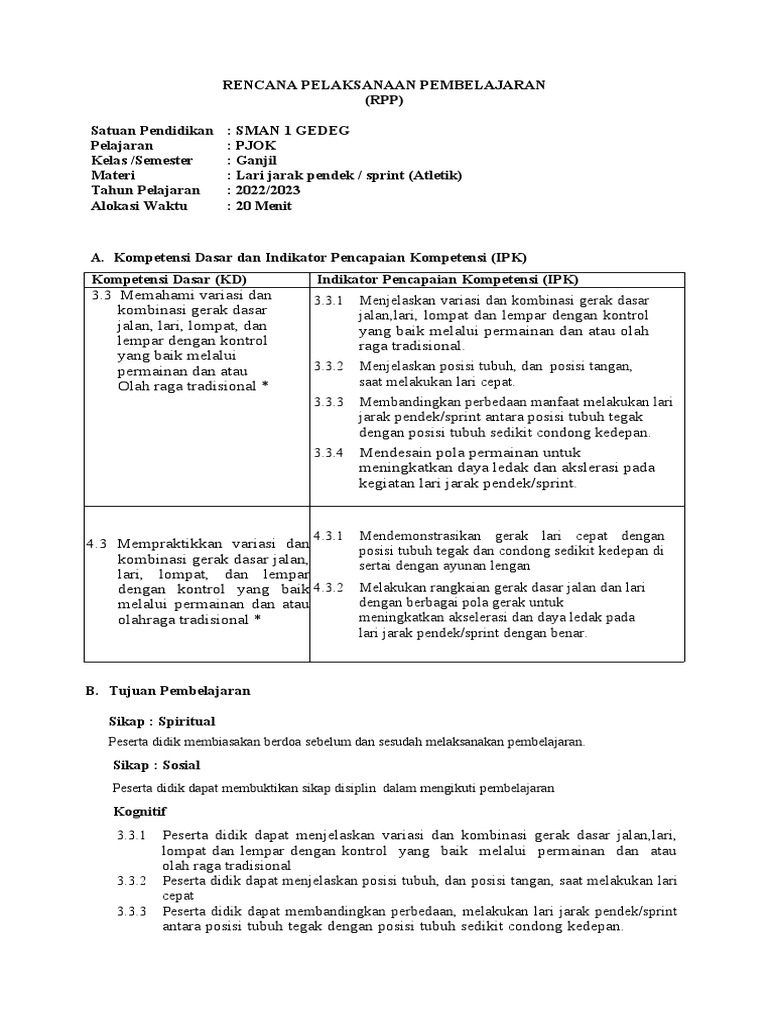 RPP Atletik Lari Jarak Pendek | PDF