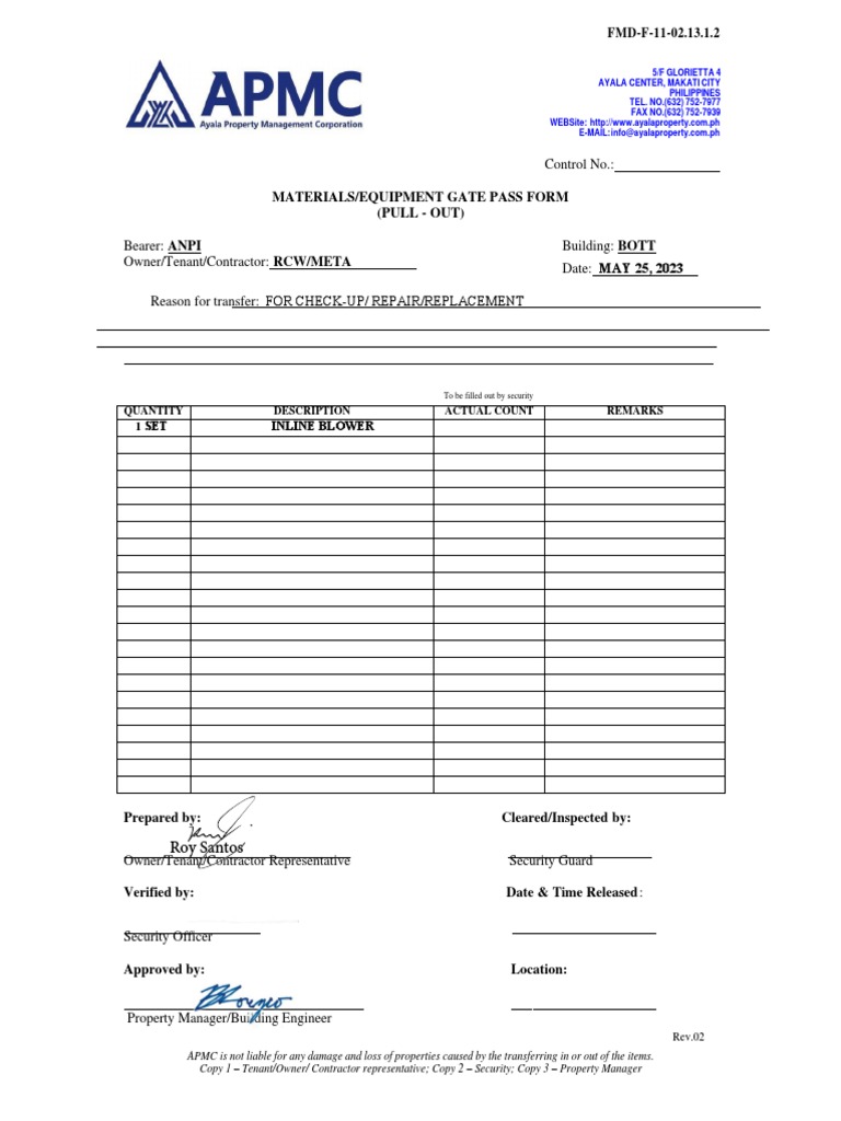 Materials Equipment Gate Pass Form | PDF