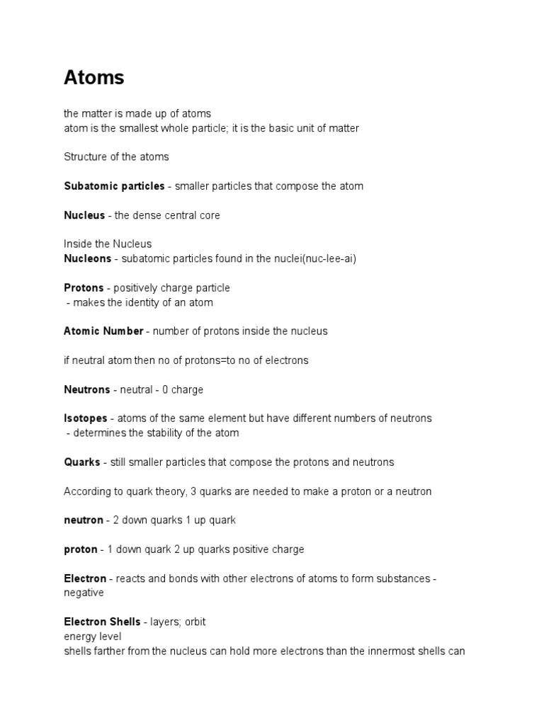 Notes About Atoms | PDF | Atoms | Atomic Nucleus