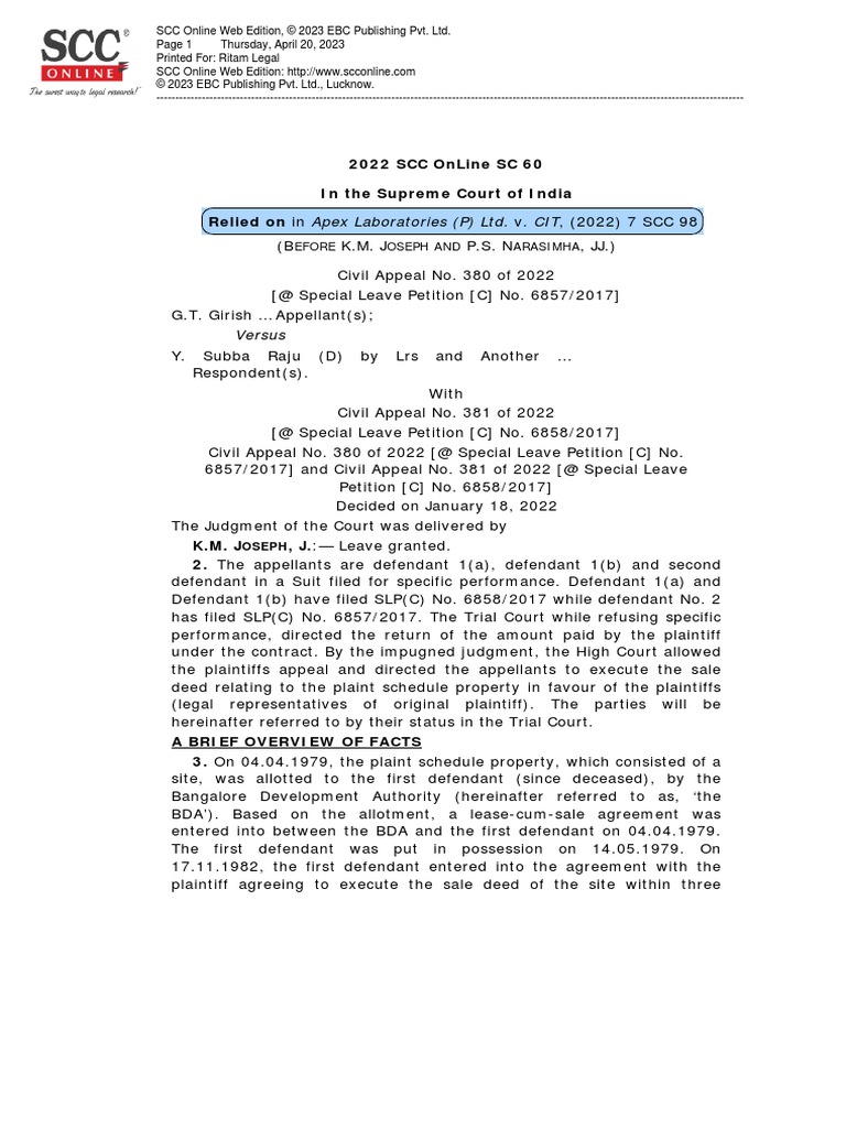Gt Girish V Y Subba Raju 2022 Scc Online Sc 60 Pdf Lawsuit Lease 