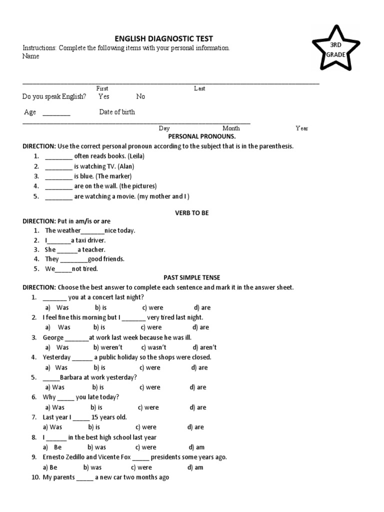 DIAGNOSTIC TEST 3rd Grade | PDF