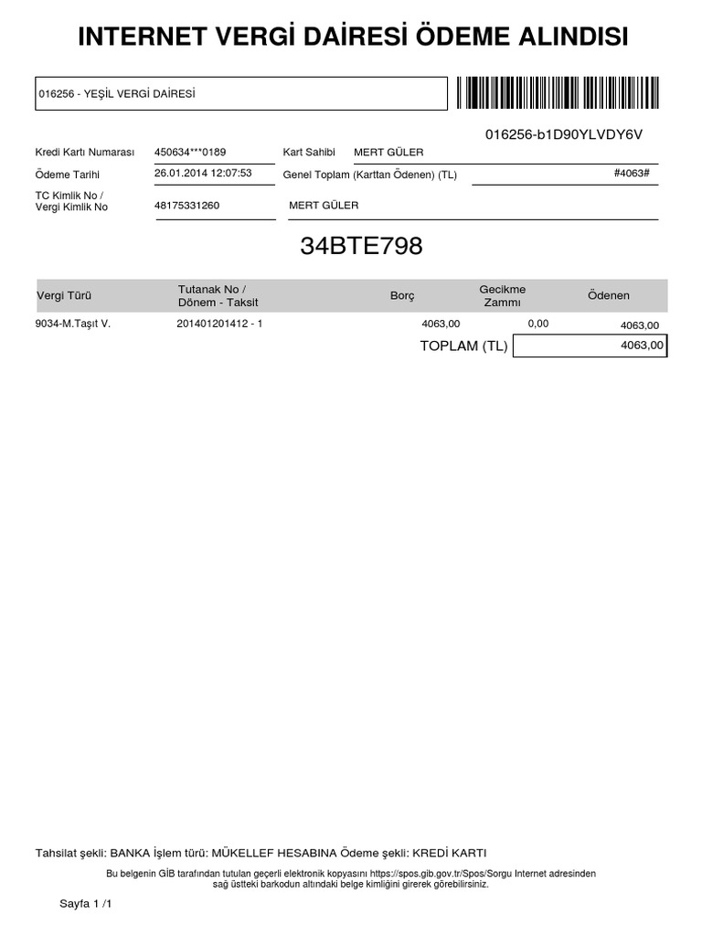 Internet Vergi Dairesi Ödeme Alindisi: 016256-b1D90YLVDY6V | PDF