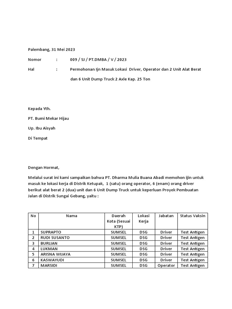 Surat Jalan 6 DT, Vibro, Excavator Dan Operator Distrik Sungai Gebang | PDF Surat Jalan 6 DT, Vibro, Excavator Dan Operator Distrik Sungai Gebang | PDF
