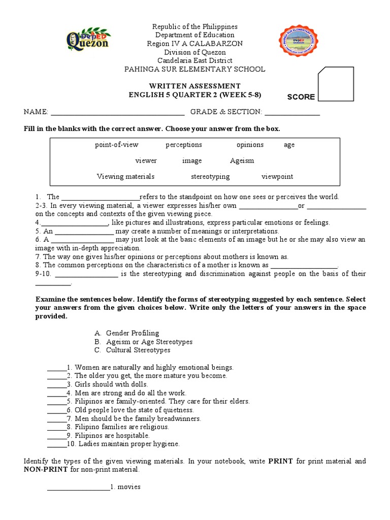 English 5 Assessment: Weeks 5-8 | PDF