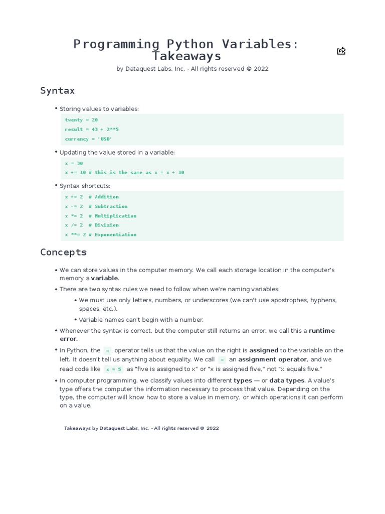 Mission 606 Programming Python Variables Takeaways | PDF