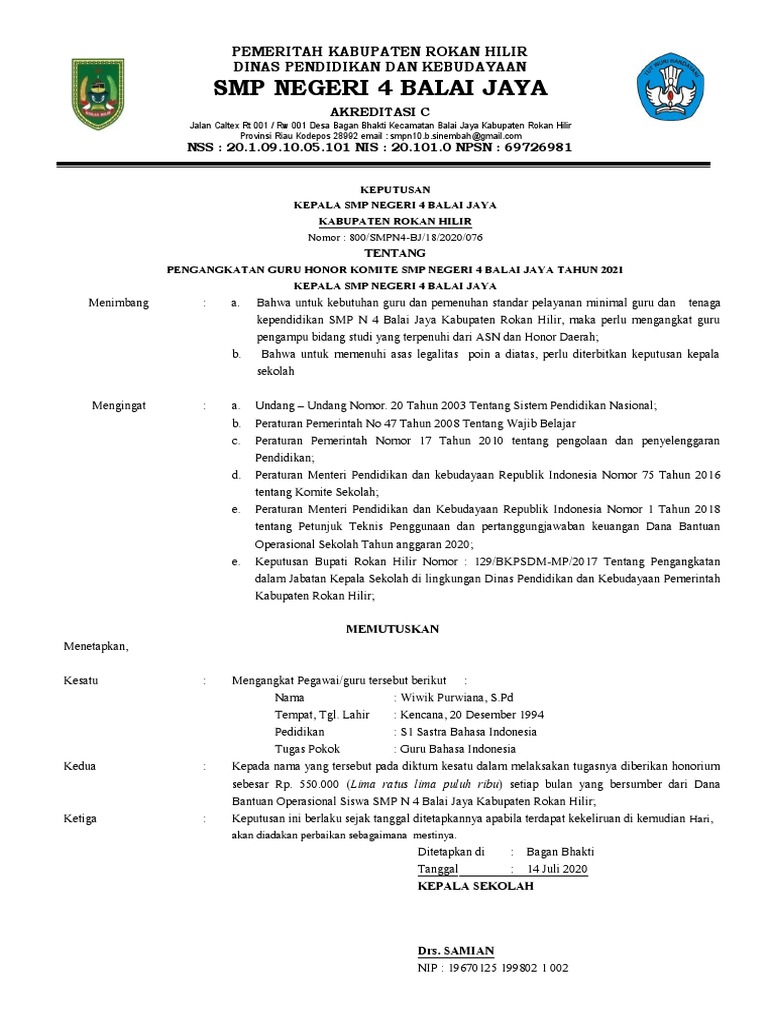 SK Pengakatan Guru Komite | PDF