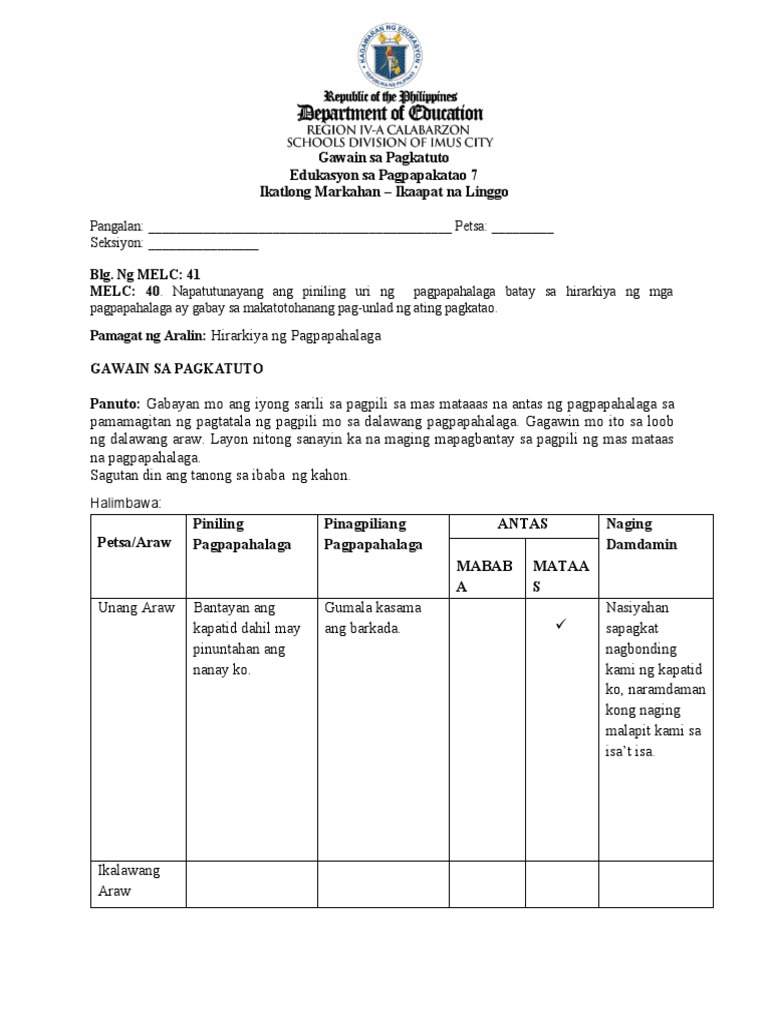 Gawain Sa Pagkatuto Edukasyon Sa Pagpapakatao 7 Ikatlong Markahan - Ikaapat Na Linggo | PDF