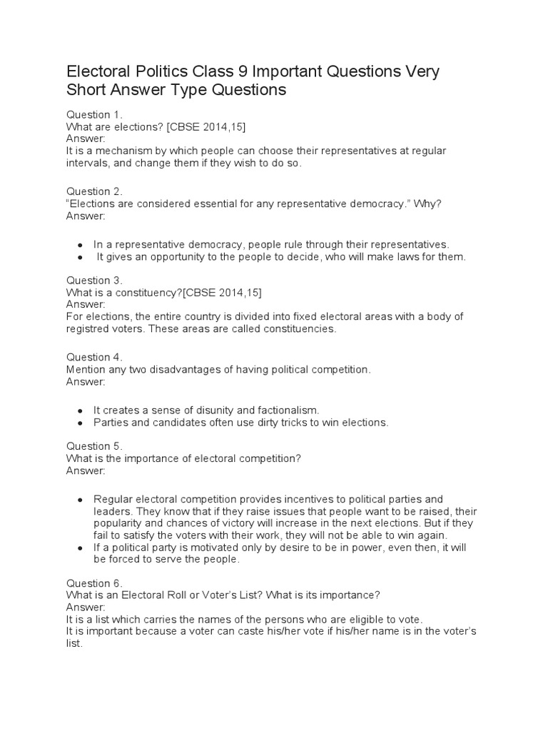 Electoral Politics Class 9 Important Questions Very Short Answer Type ...