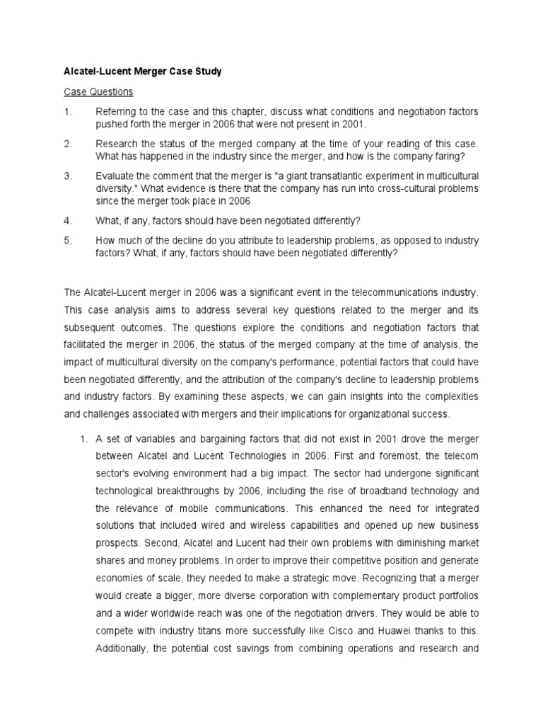 Alcatel-Lucent Merger Case Study | PDF | Mergers And Acquisitions | Nokia