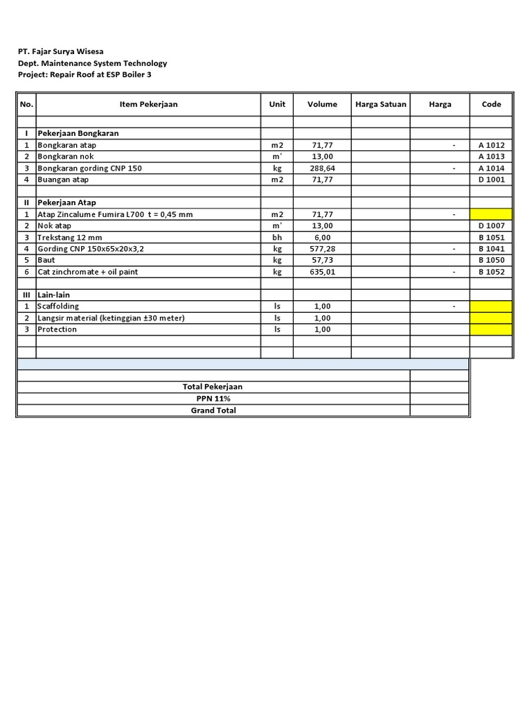 BOQ ESP Boiler 3 Roof | PDF