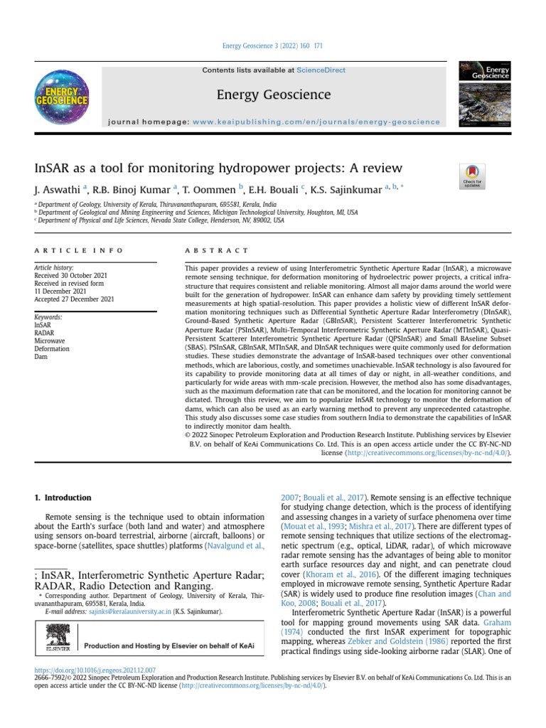 InSAR As A Tool For Monitoring Hydropower Projects A Review | PDF