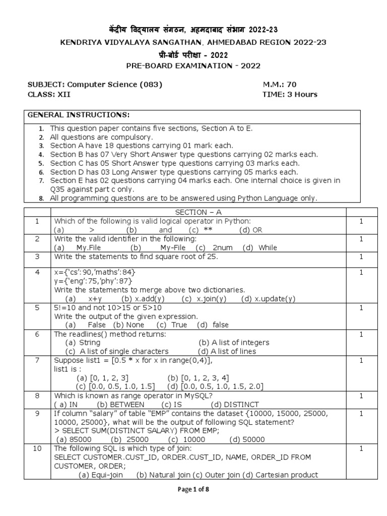 QP Class Xii CS PB 2022 | Download Free PDF | Databases | Computer ... QP Class Xii CS PB 2022 | Download Free PDF | Databases | Computer ...