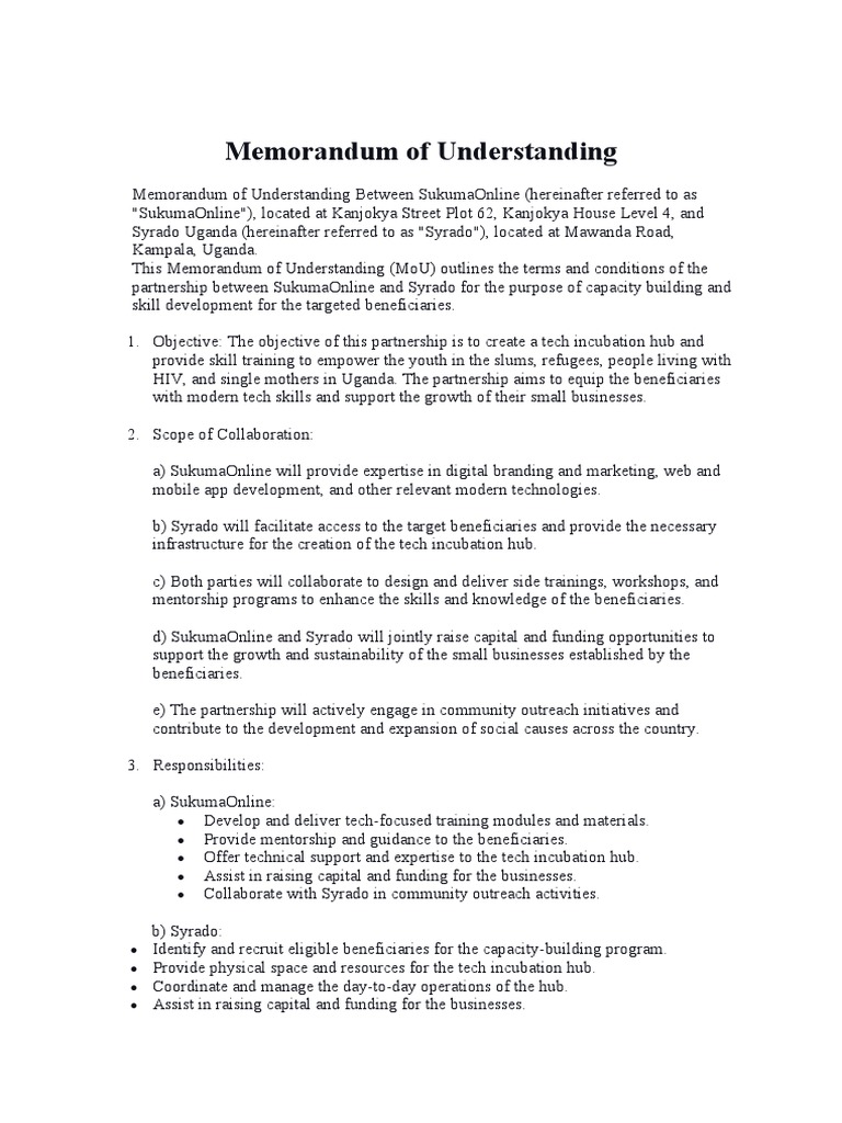 Draft Memorandum of Understanding | PDF | Partnership | Confidentiality