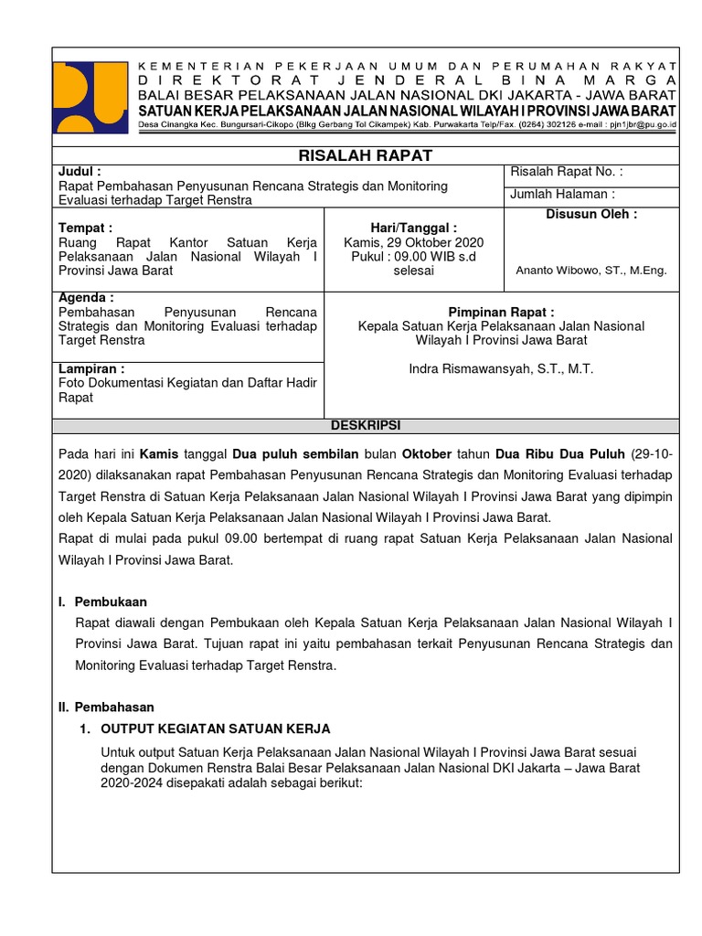 Notulen Rapat - Renstra 2020 -2024 PJN I Jabar | PDF