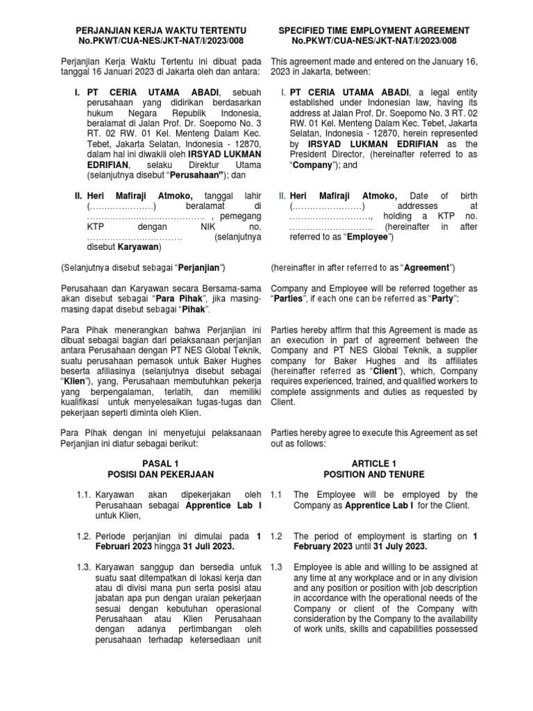 Draft PKWT CUA - NES - Heri Mafiraji Atmoko - Extend (1 Feb - 31 Jul 2023) | PDF | Komputer ...