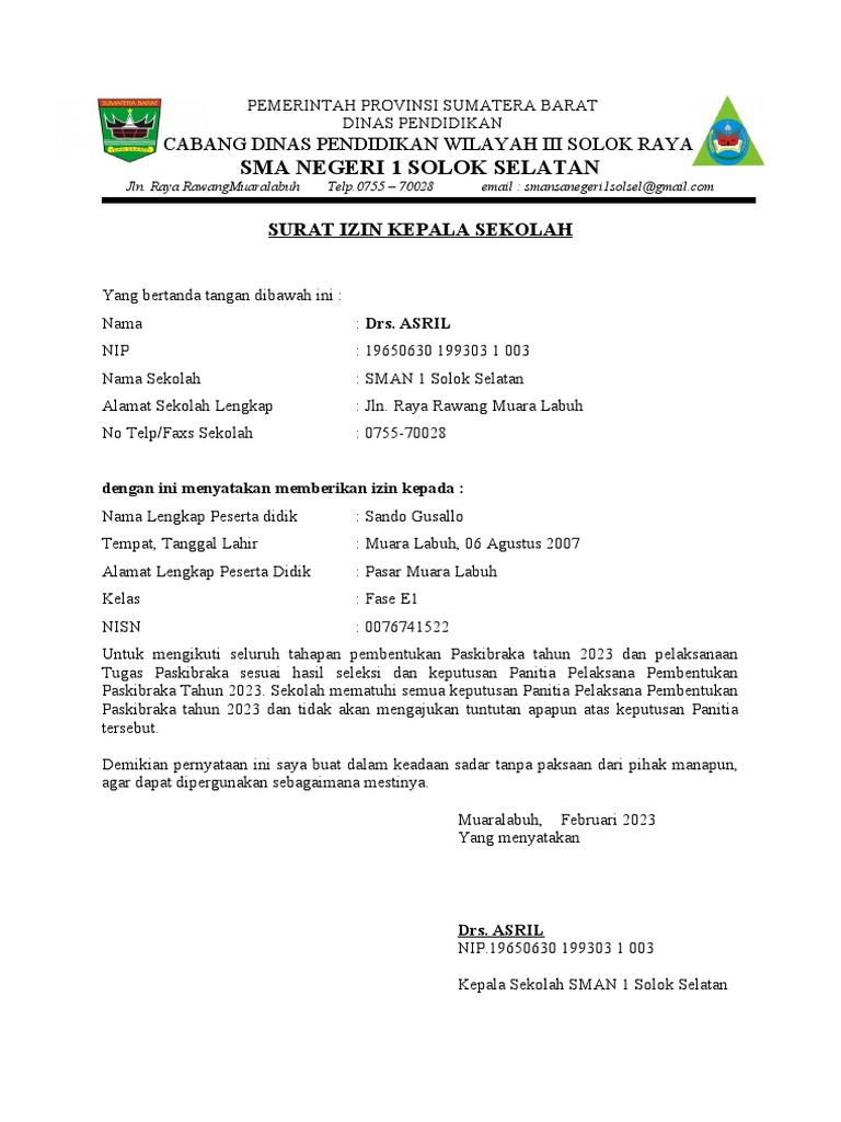 Surat Izin Kepala Sekolah Revisi | PDF