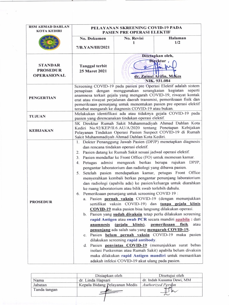 Screening COVID-19 Pre Operasi di RSM Kediri | PDF