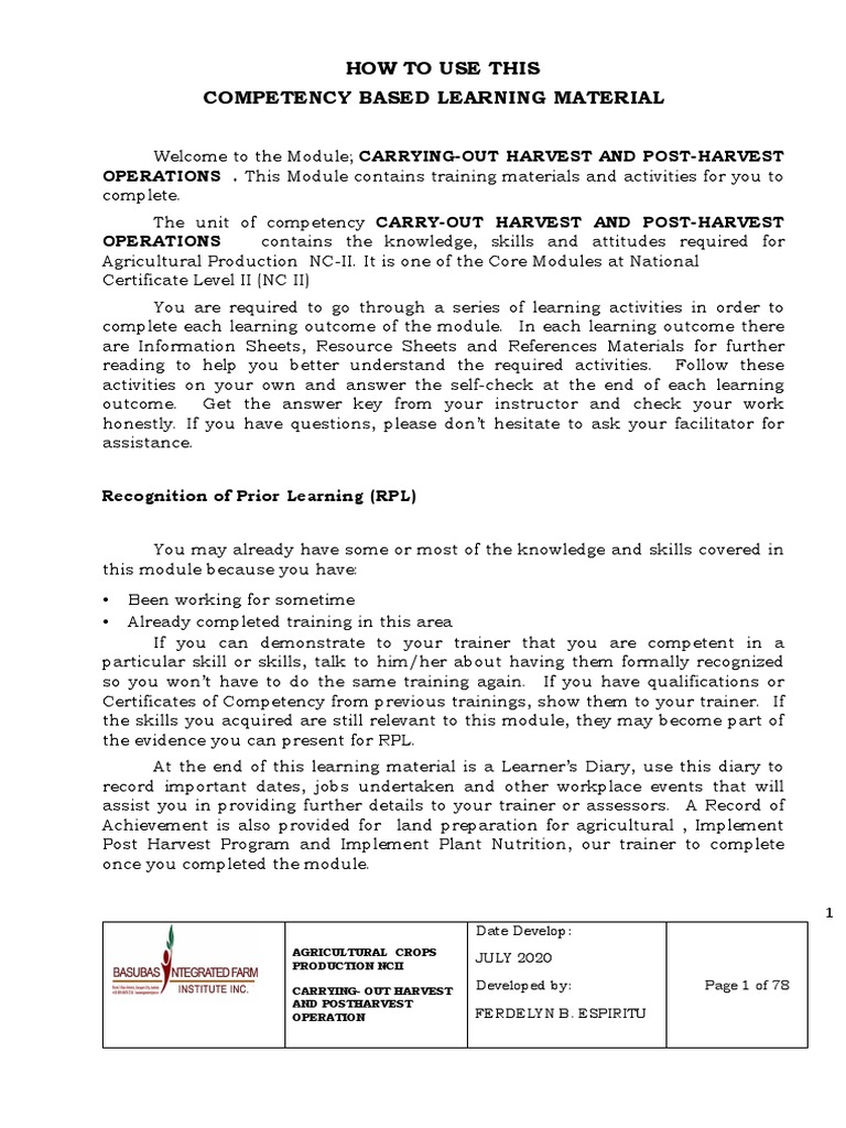 UC4-Core-Carrying-out-harvest-and-postharvest-operations WORD | PDF ...