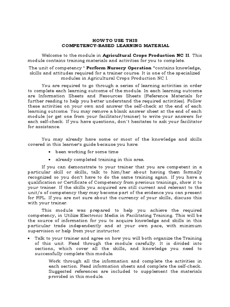 EDITED CBLM PERFORM NURSERY Agricultural Crop Production CBLM | PDF