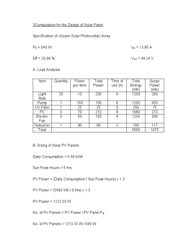 Computation For The Design of Solar Panel | PDF