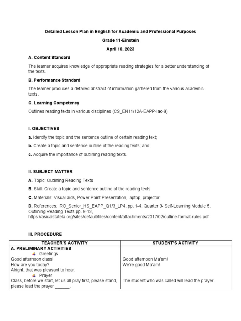 3rd Detailed Lesson Plan in English For Academic and Professional Purposes Grade 11 (Outlining ...