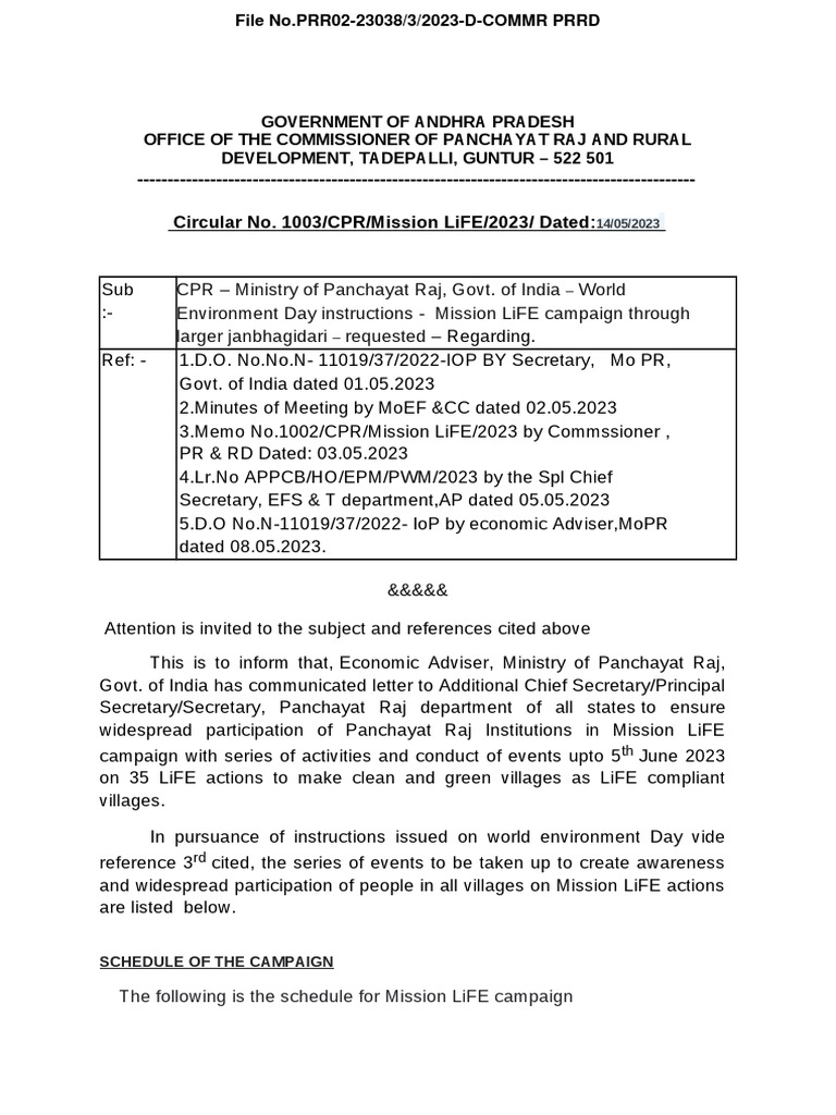 Circular No. 1003/Cpr/Mission Life/2023/ Dated | PDF