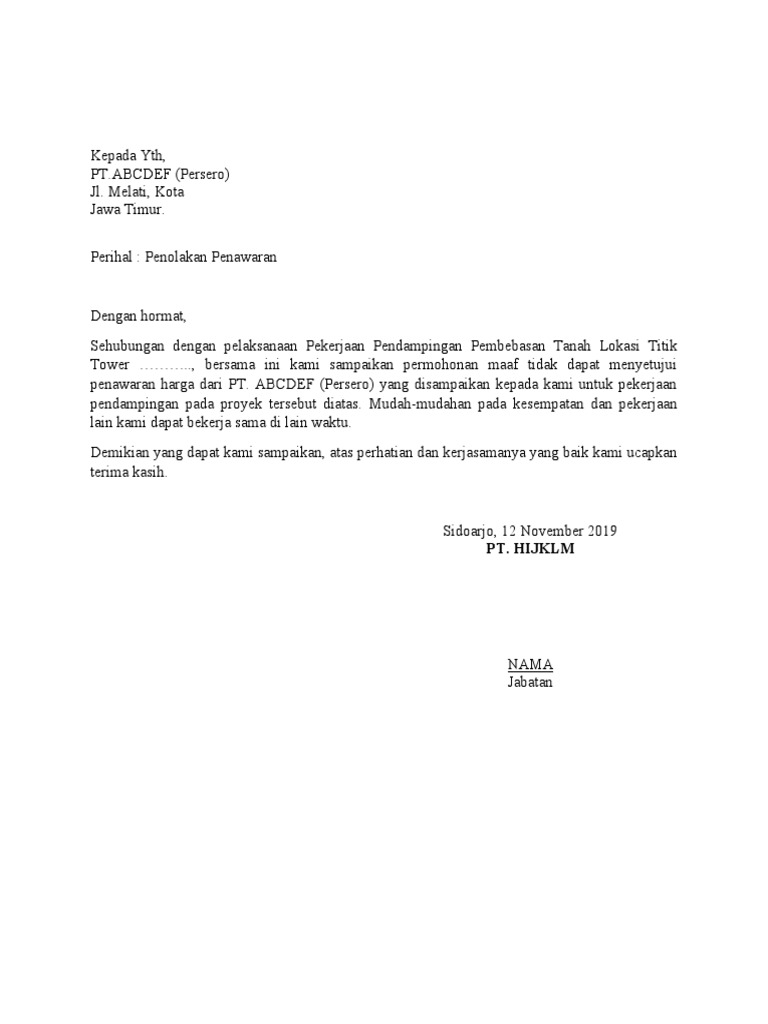 Surat Penolakan Penawaran | PDF