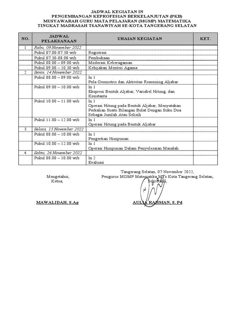 Jadwal PKB - Proposal MTK | PDF