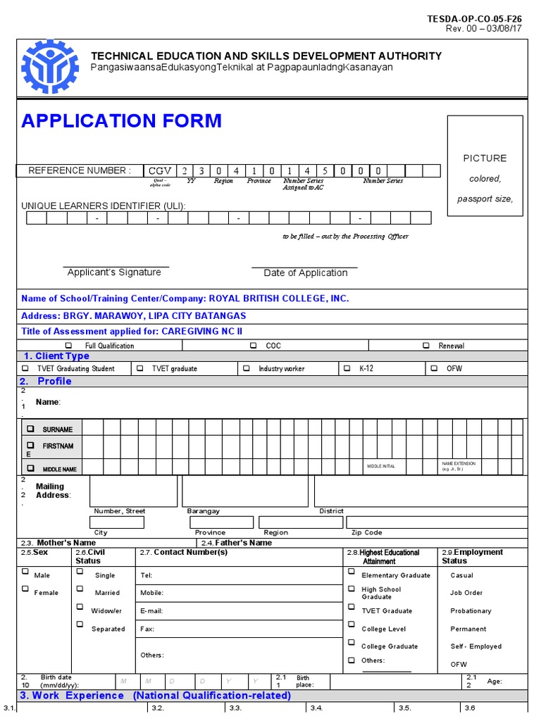 TESDA-OP-CO-05-F26-Application-Form-2 cgv | PDF