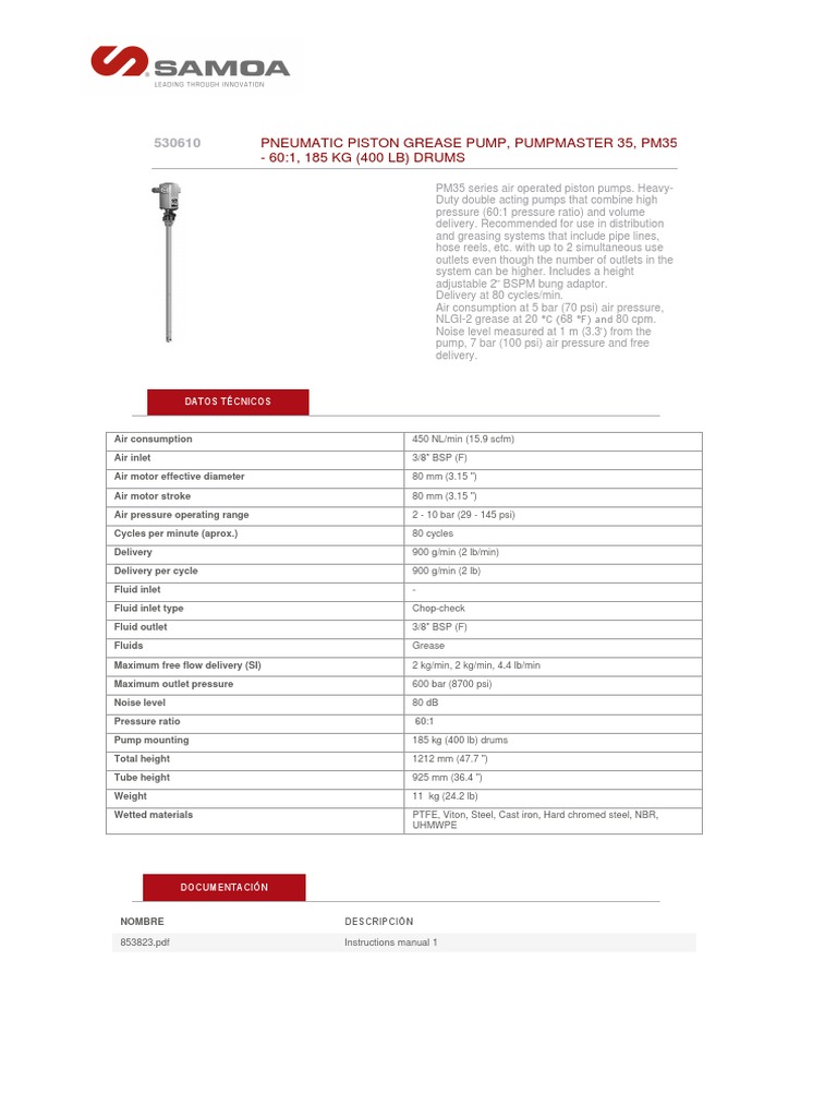 Pneumatic Piston Grease Pump, Pumpmaster 35, Pm35 - 60:1, 185 KG (400 ...