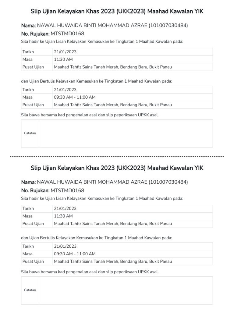 Slip Ujian Kelayakan Khas 2023 | PDF
